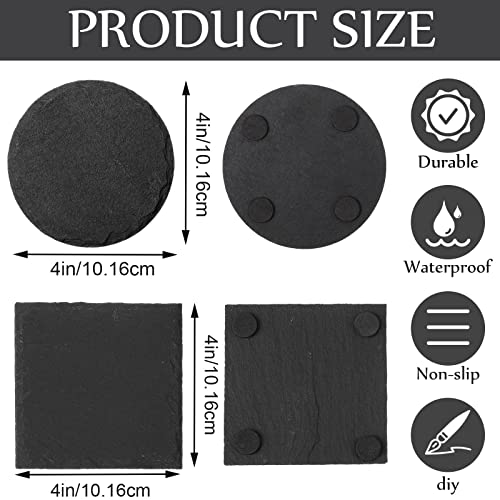 24 Pieces Slate Coasters Black Slate Stone Coasters Bulk Round and Square Stone Cup Coaster Set with Natural Rough Edge for Drinks Home Table Bar Kitchen Housewarming Gift