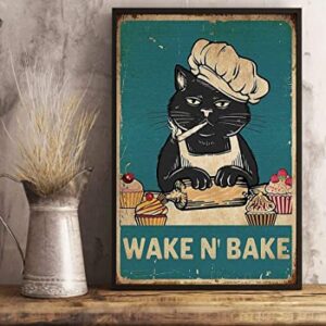 Geuuki Metal Sign Wake N' Bake Retro Metal Sign Funny Cat Metal Poster Vintage Black Cat Metal Poster 8x12 Inch