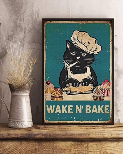 Geuuki Metal Sign Wake N' Bake Retro Metal Sign Funny Cat Metal Poster Vintage Black Cat Metal Poster 8x12 Inch