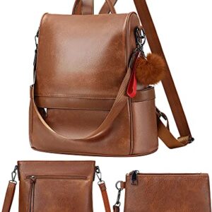 3 Pcs PU Leather Backpack Purse for Women Crossbody Purse Set Women's Crossbody Handbags Soft College Casual Shoulder Bag for Ladies Travel, Brown