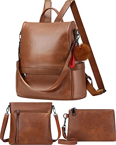 3 Pcs PU Leather Backpack Purse for Women Crossbody Purse Set Women's Crossbody Handbags Soft College Casual Shoulder Bag for Ladies Travel, Brown