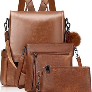 3 Pcs PU Leather Backpack Purse for Women Crossbody Purse Set Women's Crossbody Handbags Soft College Casual Shoulder Bag for Ladies Travel, Brown