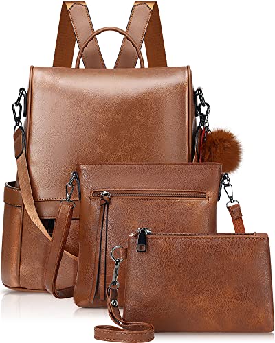 3 Pcs PU Leather Backpack Purse for Women Crossbody Purse Set Women's Crossbody Handbags Soft College Casual Shoulder Bag for Ladies Travel, Brown