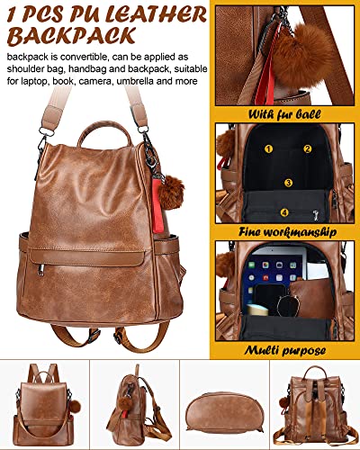 3 Pcs PU Leather Backpack Purse for Women Crossbody Purse Set Women's Crossbody Handbags Soft College Casual Shoulder Bag for Ladies Travel, Brown