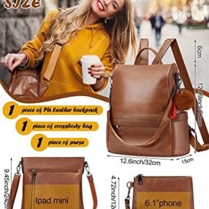 3 Pcs PU Leather Backpack Purse for Women Crossbody Purse Set Women's Crossbody Handbags Soft College Casual Shoulder Bag for Ladies Travel, Brown