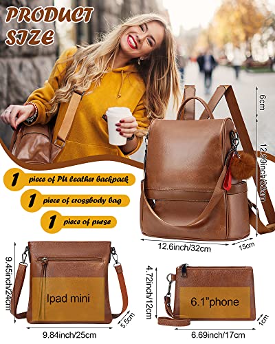 3 Pcs PU Leather Backpack Purse for Women Crossbody Purse Set Women's Crossbody Handbags Soft College Casual Shoulder Bag for Ladies Travel, Brown