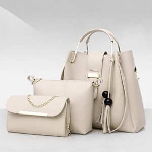 Leather Handbags for Women, 3Pcs Satchel Bags Tote Bag Hobo Tote Bag, 2022 Fashionable Handbags Shoulder Bag Purse Set Messenger Bag Fringe Bags (Beige)