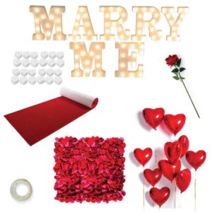 proposal decorations kit, marry me light up letters, 2000 rose petals, 24 heart shaped romantic candles, red carpet aisle runner 16 feet, 10 red heart balloons, 1 engagement rose ring box