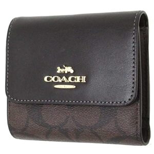 coach small trifold wallet in signature canvas in brown/black