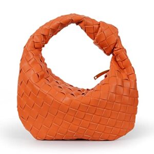 womens vegan leather woven handbag fashion handmade beach bag top-handle handbag bottega bag dupes naghedi hobo bag for women (orange)