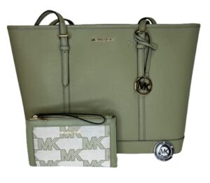 michael kors jet set travel large tz shoulder tote bundled with double zip wristlet and purse hook (light sage/mk)