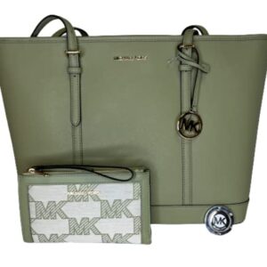 Michael Kors Jet Set Travel Large TZ Shoulder Tote bundled with Double Zip Wristlet and Purse Hook (Light Sage/MK)