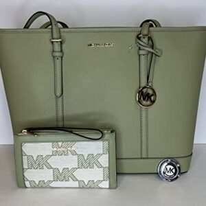 Michael Kors Jet Set Travel Large TZ Shoulder Tote bundled with Double Zip Wristlet and Purse Hook (Light Sage/MK)