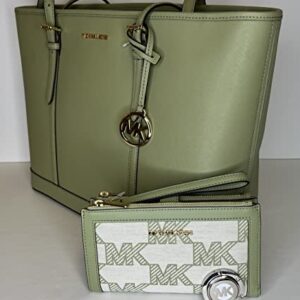 Michael Kors Jet Set Travel Large TZ Shoulder Tote bundled with Double Zip Wristlet and Purse Hook (Light Sage/MK)