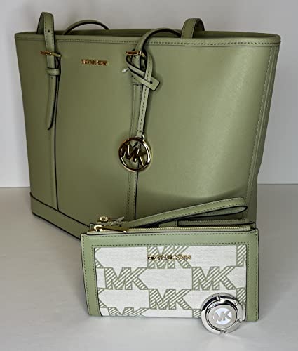 Michael Kors Jet Set Travel Large TZ Shoulder Tote bundled with Double Zip Wristlet and Purse Hook (Light Sage/MK)