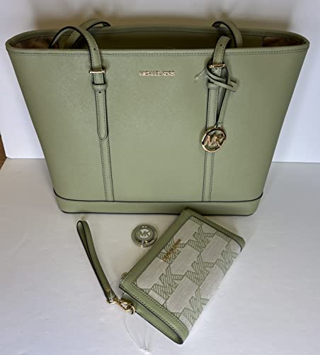 Michael Kors Jet Set Travel Large TZ Shoulder Tote bundled with Double Zip Wristlet and Purse Hook (Light Sage/MK)