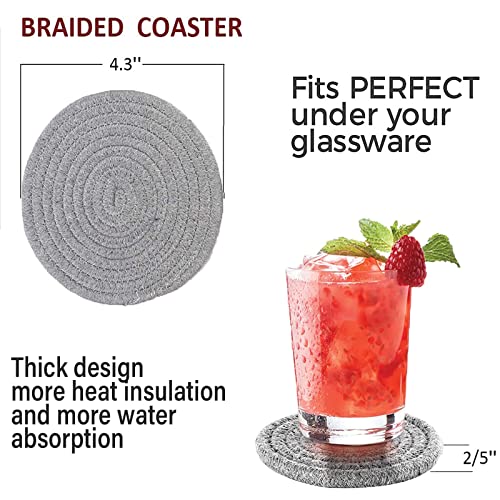 Coasters for Drinks,6Pcs Handmade Braided Woven Drink Coasters for Coffee Table,Super Absorbent Heat-Resistant Coasters for Table Protection,Great Housewarming Gift (4.3 Inch, 8mm Thick)