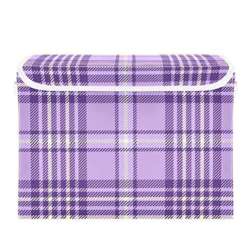 Kigai Storage Basket Purple Square Plaid Storage Boxes with Lids and Handle, Large Storage Cube Bin Collapsible for Shelves Closet Bedroom Living Room, 16.5x12.6x11.8 In