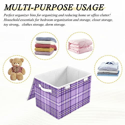 Kigai Storage Basket Purple Square Plaid Storage Boxes with Lids and Handle, Large Storage Cube Bin Collapsible for Shelves Closet Bedroom Living Room, 16.5x12.6x11.8 In