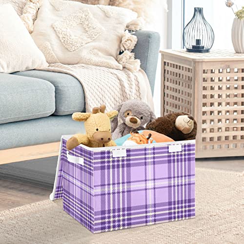 Kigai Storage Basket Purple Square Plaid Storage Boxes with Lids and Handle, Large Storage Cube Bin Collapsible for Shelves Closet Bedroom Living Room, 16.5x12.6x11.8 In