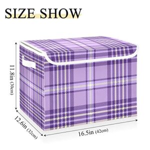 Kigai Storage Basket Purple Square Plaid Storage Boxes with Lids and Handle, Large Storage Cube Bin Collapsible for Shelves Closet Bedroom Living Room, 16.5x12.6x11.8 In