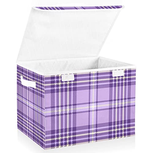 Kigai Storage Basket Purple Square Plaid Storage Boxes with Lids and Handle, Large Storage Cube Bin Collapsible for Shelves Closet Bedroom Living Room, 16.5x12.6x11.8 In