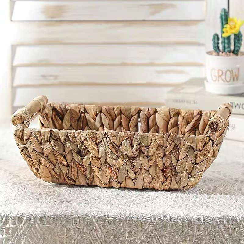 Whalehub Hand-Woven Large Storage Baskets with Wooden Handles, Water Hyacinth Wicker Basket for Organizing