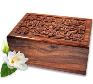 handcrafted rosewood cremation urns by lindia memorial – beautiful wooden urn tree of life design – urns for human or pet ashes (large)