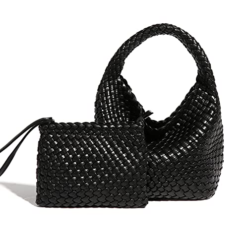 Womens Vegan Leather woven handbag Fashion Handmade Beach Bag Top-handle Handbag bottega bag dupes naghedi hobo bag for women (Black)