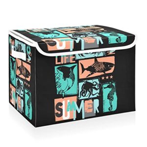 CaTaKu Surf Life Shark Storage Bins with Lids and Handles, Fabric Large Storage Container Cube Basket with Lid Decorative Storage Boxes for Organizing Clothes