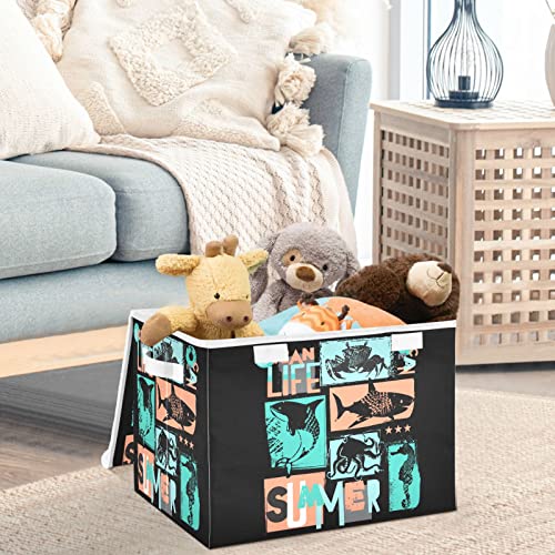 CaTaKu Surf Life Shark Storage Bins with Lids and Handles, Fabric Large Storage Container Cube Basket with Lid Decorative Storage Boxes for Organizing Clothes