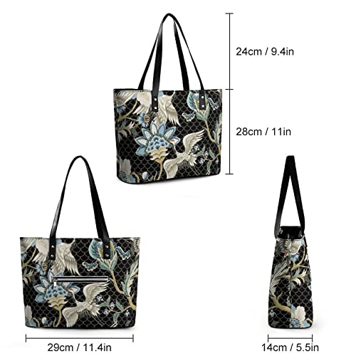 Womens Handbag Japanese Bird Cranes Leather Tote Bag Top Handle Satchel Bags For Lady