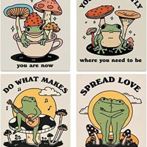 Retro Poster Wall Art Print Retro Frog Posters,Retro Positive Quote, Positive Self Care Mushroom Illustration,Wall Art Canvas for Living Room Bedroom Kids Room Decorate Room Home Decor,Gift.Set of 4(Unframed,8”X10”inches).