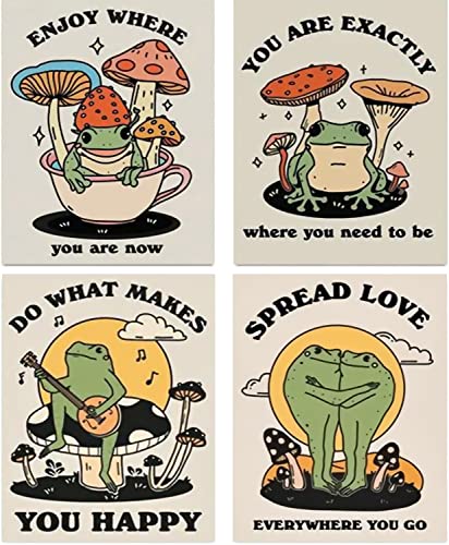 Retro Poster Wall Art Print Retro Frog Posters,Retro Positive Quote, Positive Self Care Mushroom Illustration,Wall Art Canvas for Living Room Bedroom Kids Room Decorate Room Home Decor,Gift.Set of 4(Unframed,8”X10”inches).