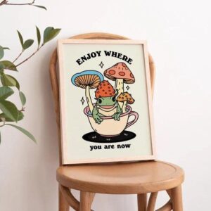 Retro Poster Wall Art Print Retro Frog Posters,Retro Positive Quote, Positive Self Care Mushroom Illustration,Wall Art Canvas for Living Room Bedroom Kids Room Decorate Room Home Decor,Gift.Set of 4(Unframed,8”X10”inches).