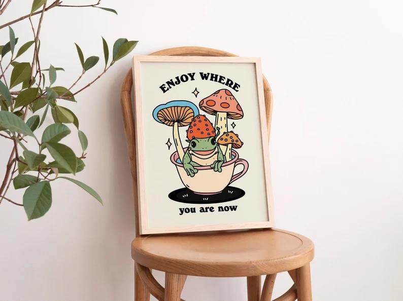 Retro Poster Wall Art Print Retro Frog Posters,Retro Positive Quote, Positive Self Care Mushroom Illustration,Wall Art Canvas for Living Room Bedroom Kids Room Decorate Room Home Decor,Gift.Set of 4(Unframed,8”X10”inches).