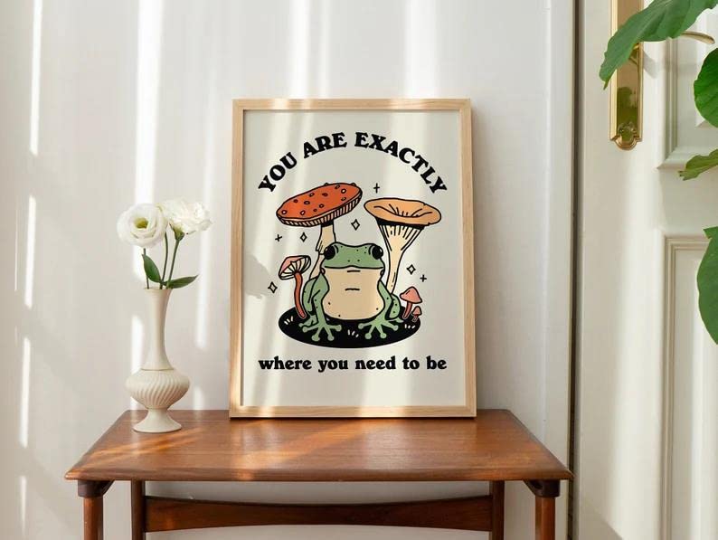 Retro Poster Wall Art Print Retro Frog Posters,Retro Positive Quote, Positive Self Care Mushroom Illustration,Wall Art Canvas for Living Room Bedroom Kids Room Decorate Room Home Decor,Gift.Set of 4(Unframed,8”X10”inches).