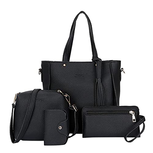 Fashion Upgrade Handbags Wallet Tote Bag Shoulder Bag Top Handle Satchel Purse Set 4pcs (Black, One Size)