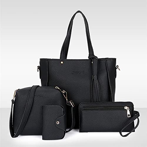 Fashion Upgrade Handbags Wallet Tote Bag Shoulder Bag Top Handle Satchel Purse Set 4pcs (Black, One Size)