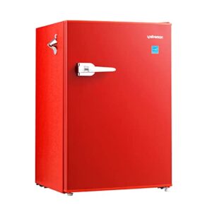 upstreman 2.5 cu ft retro compact refrigerator, mini fridge with freezer for bedroom, adjustable thermostat, side bottle opener, small fridge for office, bedroom, dorm, bar, red-cr25