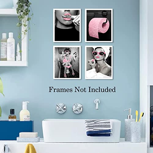 zaixko Bathroom Decor Fashion Women Canvas Prints Pink Wall Decor Black and Pink Pictures for Bathroom Glam Wall Art Canvas Posters Pink Bathroom Decor