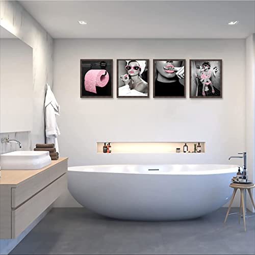 zaixko Bathroom Decor Fashion Women Canvas Prints Pink Wall Decor Black and Pink Pictures for Bathroom Glam Wall Art Canvas Posters Pink Bathroom Decor