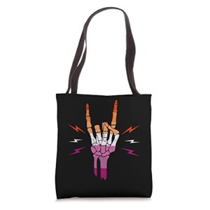 lesbian pride flag funny skeleton hand lesbian tote bag