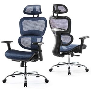 smug ergonomic large high back office ergo3d rolling desk 4d armrest,3d lumbar support,adjustable headrest,breathable mesh computer gaming executive swivel chairs, blue