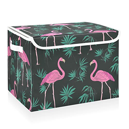 CaTaKu Pink Flamingo Palm Leaves Storage Bins with Lids and Handles, Fabric Large Storage Container Cube Basket with Lid Decorative Storage Boxes for Organizing Clothes