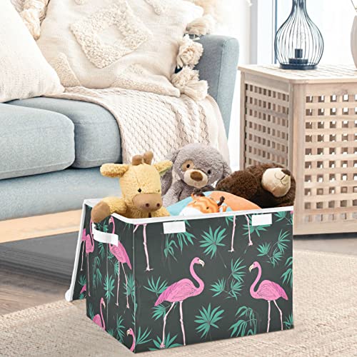 CaTaKu Pink Flamingo Palm Leaves Storage Bins with Lids and Handles, Fabric Large Storage Container Cube Basket with Lid Decorative Storage Boxes for Organizing Clothes