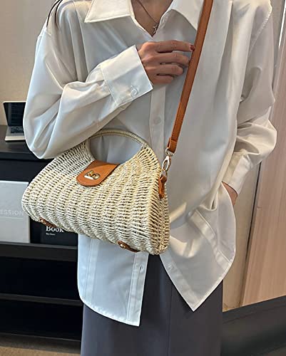 Summer Straw Bag for Women Straw Hand-woven Top-handle Handbag Crossbody Tote Clutch Bags for Travel