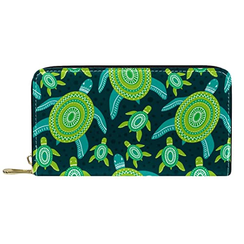 Leather Zip Long Wallet Green Cute Turtle Pattern Cartoon Personalise Purse