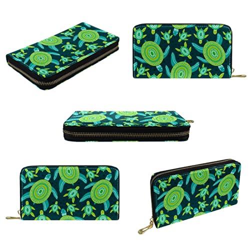 Leather Zip Long Wallet Green Cute Turtle Pattern Cartoon Personalise Purse