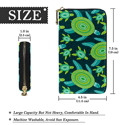 Leather Zip Long Wallet Green Cute Turtle Pattern Cartoon Personalise Purse